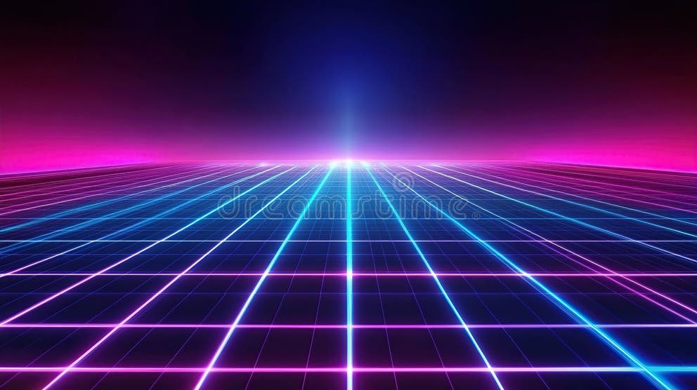 Retro Neon Grid Highway Converging at Bright Light Stock Illustration ...