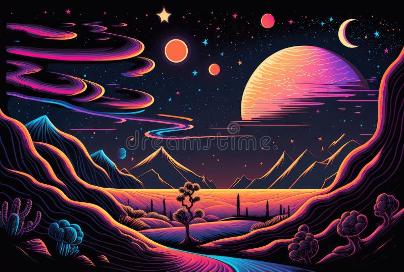 Retro Neon Landscape. Generative AI Stock Illustration - Illustration ...