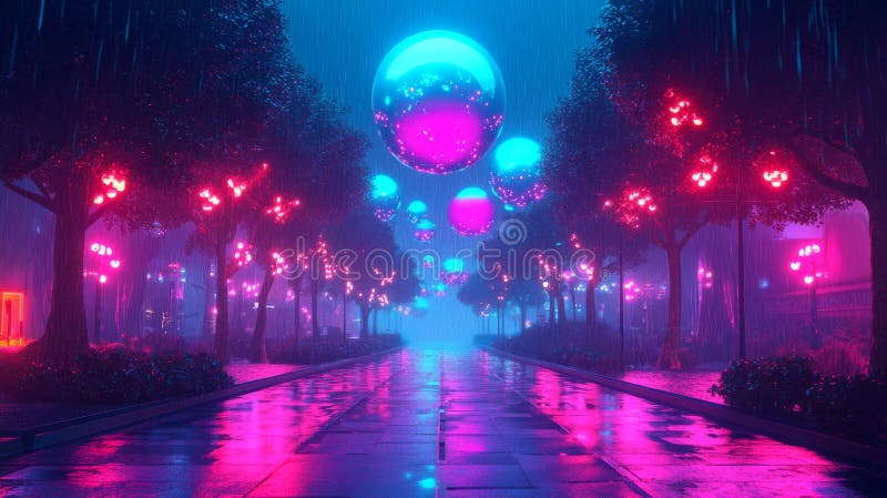 Retro Neon Theme Background of an Anime Style Park Exterior Stock Photo ...