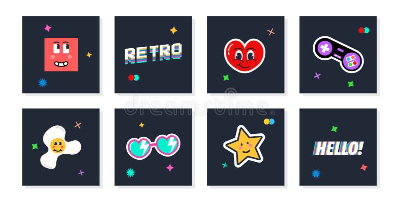 Retro Object Poster Elements Set on Black Background. 80 S Cute Element ...
