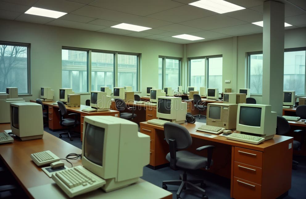Retro Office Computers in Tech Room. Many Old CRT Monitors, Workspaces ...
