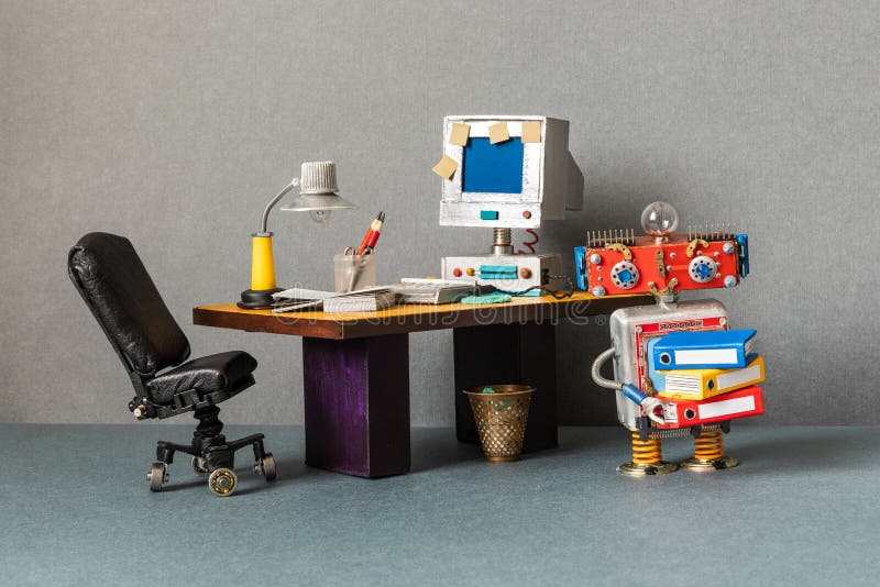 Retro Office Interior Workspace and Robot Manager. Automation of Office ...