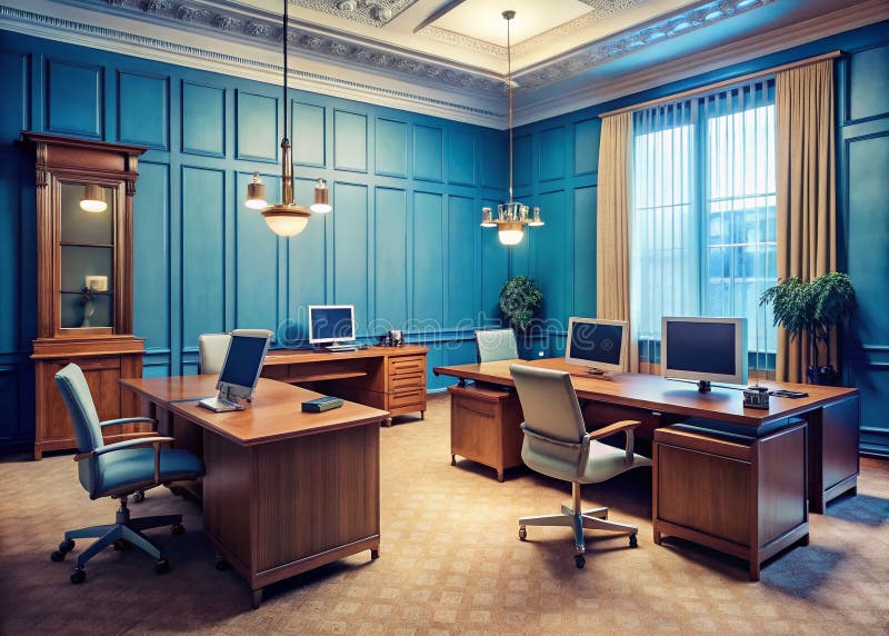 Retro Office Space a Timeless Blue and White Interior with Classic Desk ...