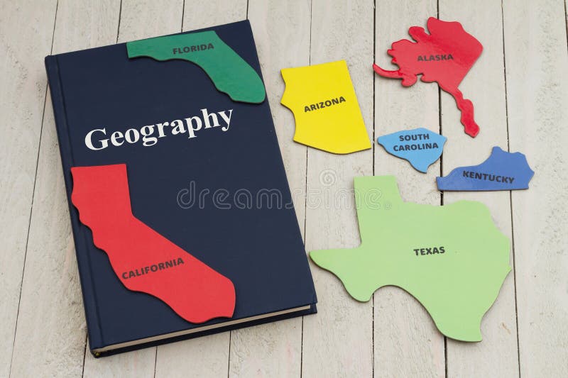 Retro Old Blue Book on a Desk with State Maps for a Geography Book ...