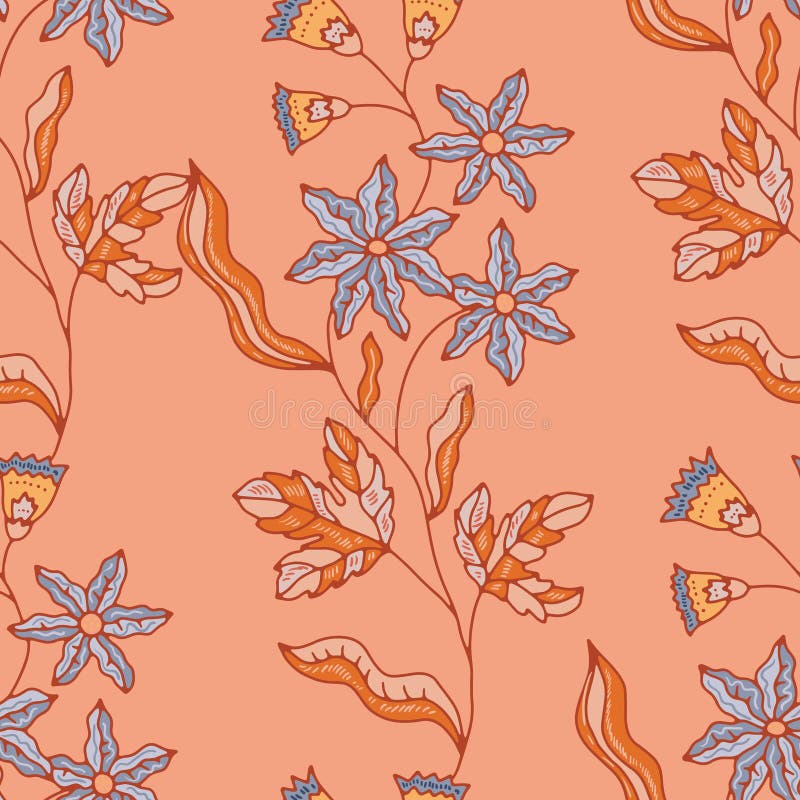 Retro Orange and Blue Floral Pattern Stock Illustration - Illustration ...
