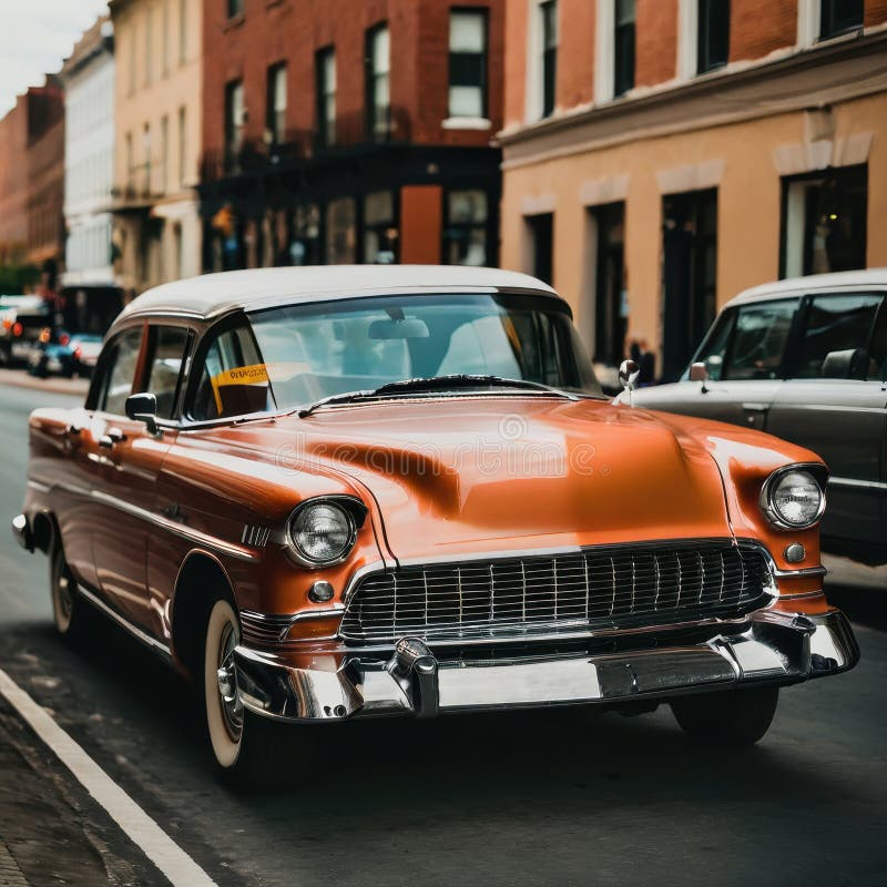 A Retro Orange Car on an Asphalt Road in the Sity Stock Photo - Image ...