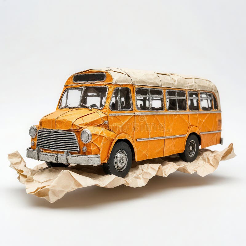 Retro Orange Paper Bus Model with Route Sign Stock Photo - Image of ...