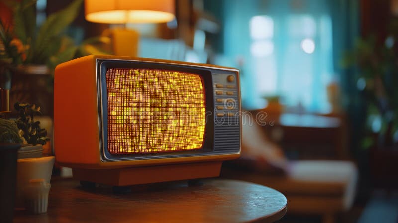 Retro Orange Television in Cozy Living Room with Static Screen Stock ...