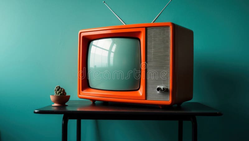 Retro Orange TV. Vintage Receiver on Side Table. Nostalgic, Old ...