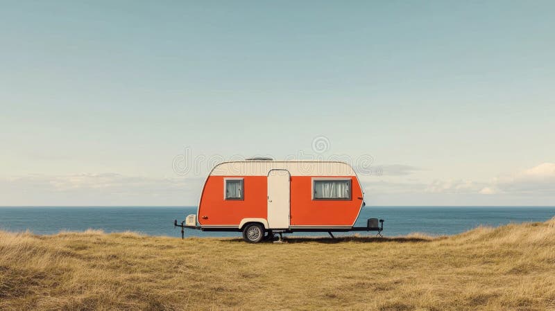 Retro Orange and White Caravan Parked by the Ocean Stock Illustration ...
