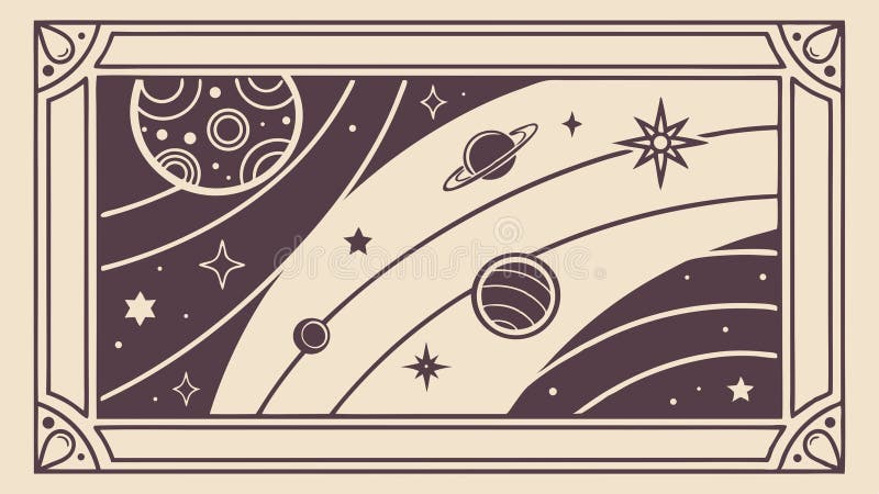 Retro Outer Space Scene with Planets in a Frame Art, Vector Design ...