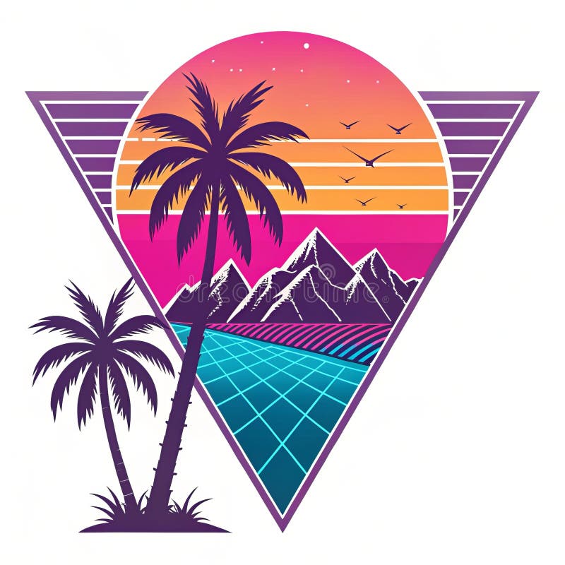 Retro Palm Tree Sunset, Triangular Composition, 80s Synthwave, Isolated ...