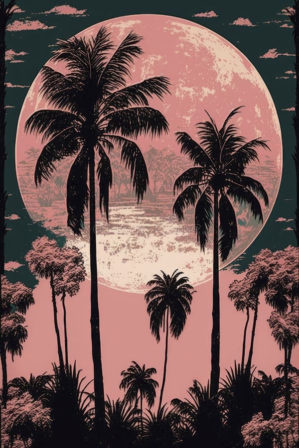 Retro Palm Trees and Pink Full Moon Background for Scrapbooking. Stock ...