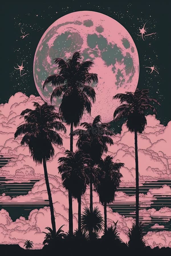 Retro Palm Trees and Pink Full Moon Background for Scrapbooking. Stock ...