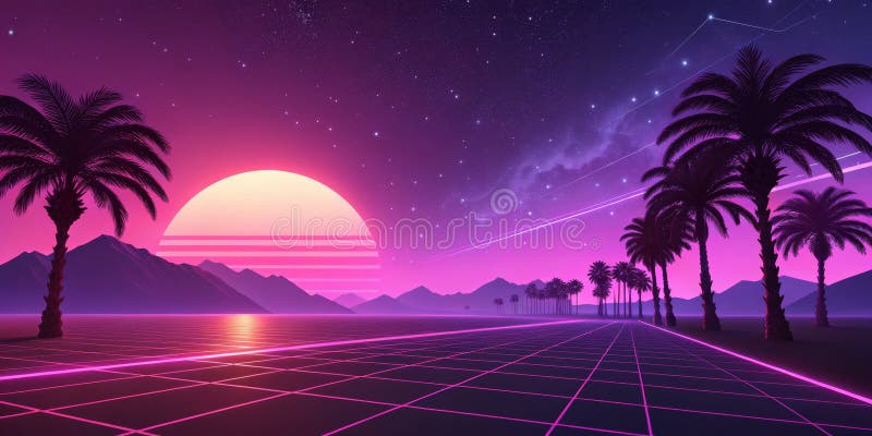 Retro Palms and Neon Grid Synthwave Sunset, Aesthetics , 80s Stock ...