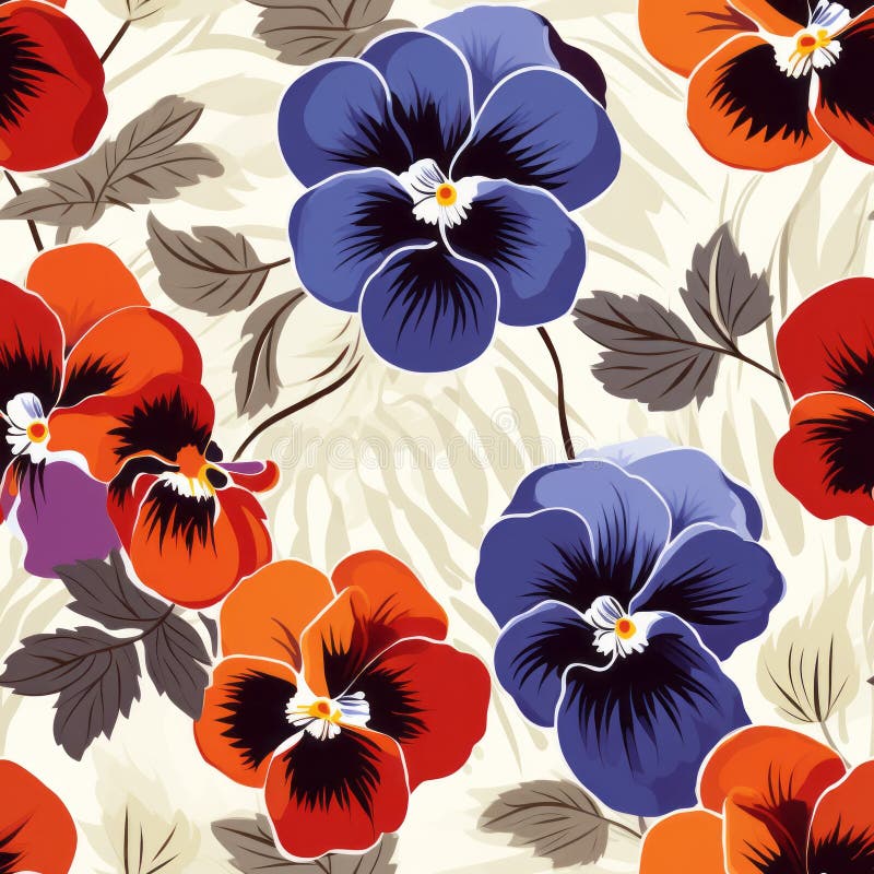 Retro Pansy Seamless Pattern with Multiple Colors on Solid White ...