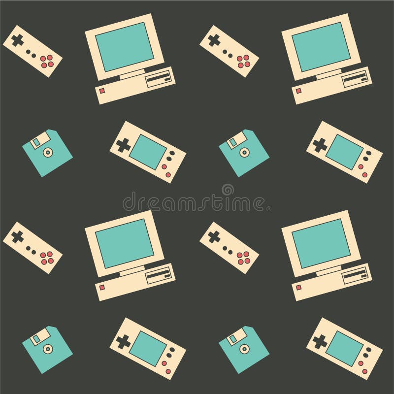 Retro Pattern with Computer, Console, Floppy Disk and Gamepad Stock ...