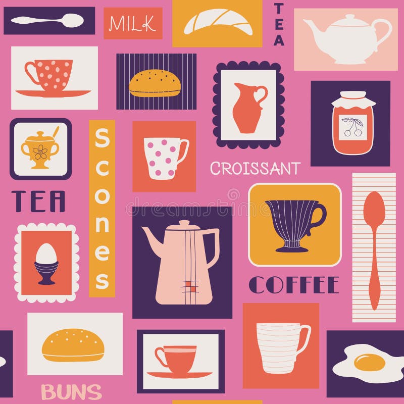 Retro Pattern with Kitchen Dishes for Breakfast Stock Vector ...