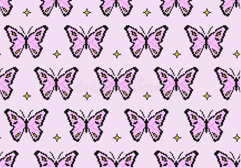 Retro Pattern with Pixelated Pink Butterfly. 8-bit Seamless with Moth ...