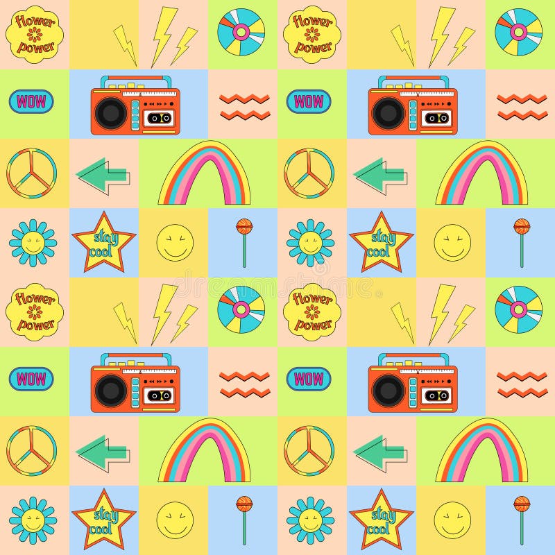 Retro Pattern Style 80s and 90s. a Tape Recorder, a Smiley Face and ...