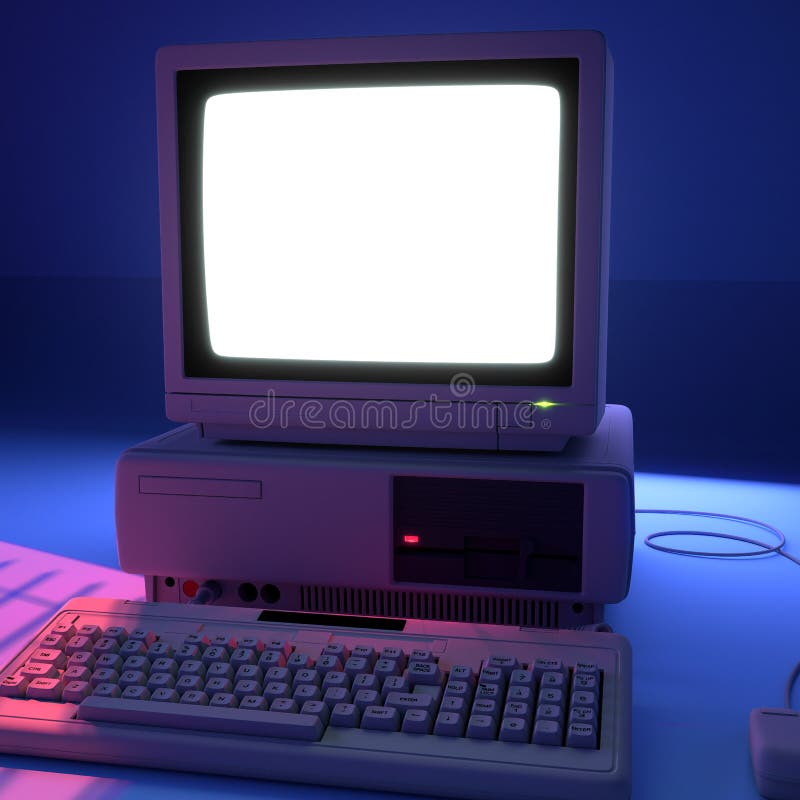 Retro PC with Glowing Blank Screen in Neon Lighting Close-Up. Stock ...