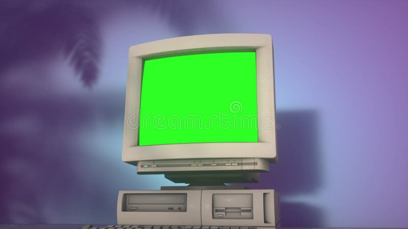 Retro Personal Computer with Keyboard on a Desktop with Green Screen ...