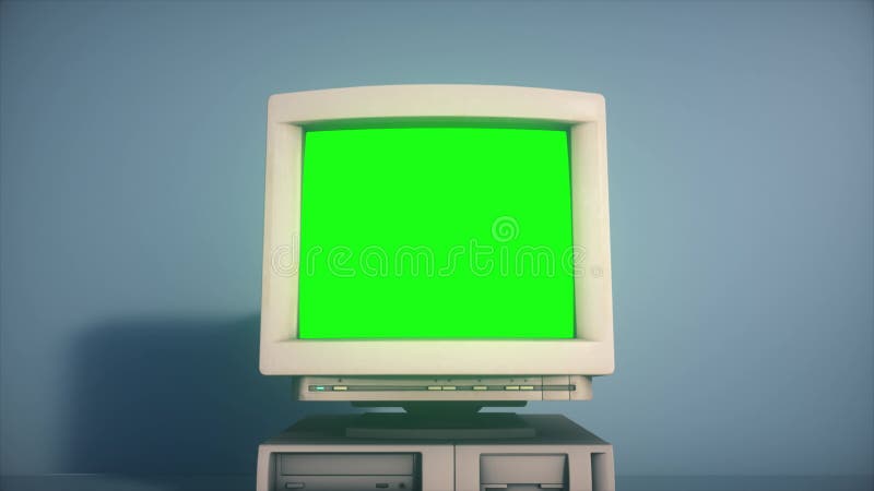 Retro Personal Computer with Keyboard on a Desktop with Green Screen ...