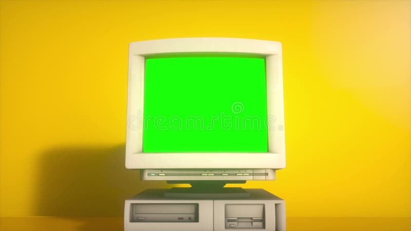 Retro Personal Computer with Keyboard on a Desktop with Green Screen ...