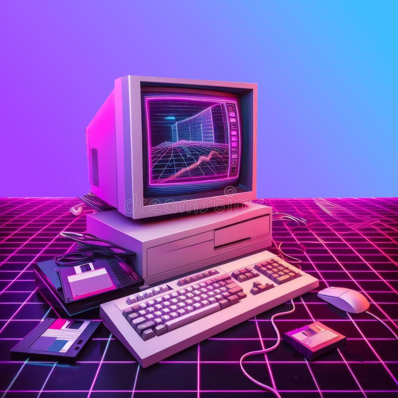Retro Personal Computer in Neon Light. 3d Rendering Stock Illustration ...