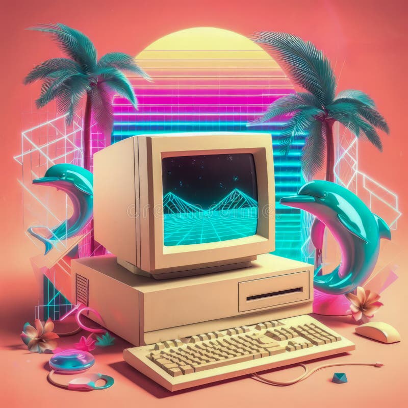 Retro Personal Computer in Neon Light. 3d Rendering Stock Illustration ...