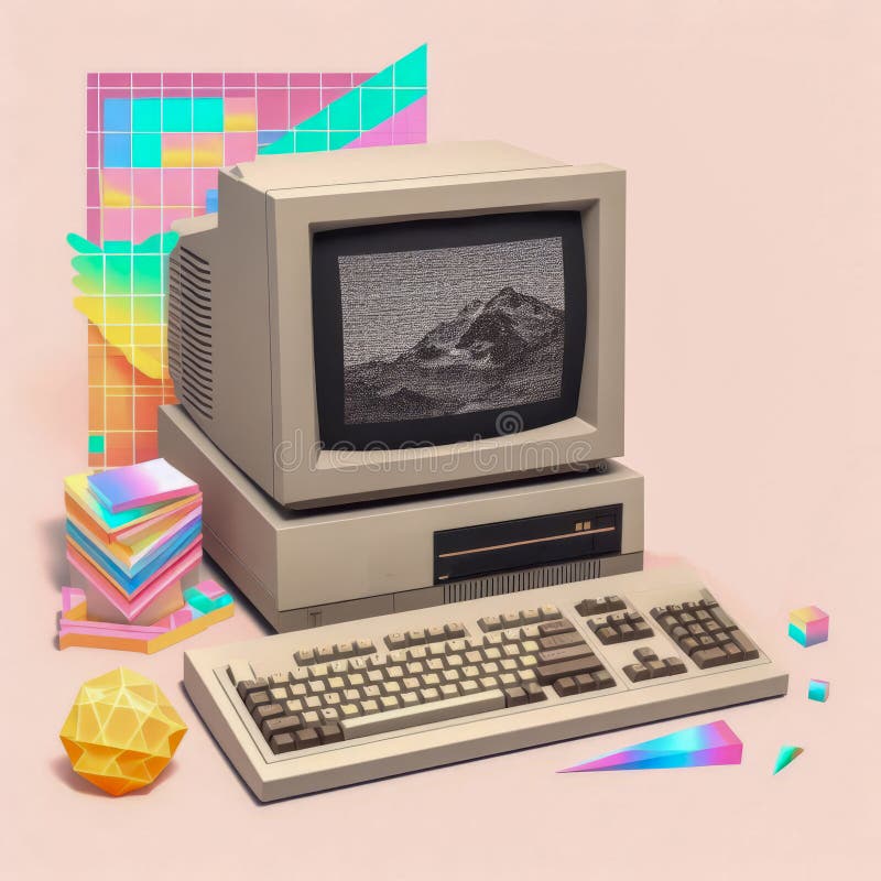 Retro Personal Computer in Neon Light. 3d Rendering Stock Illustration ...