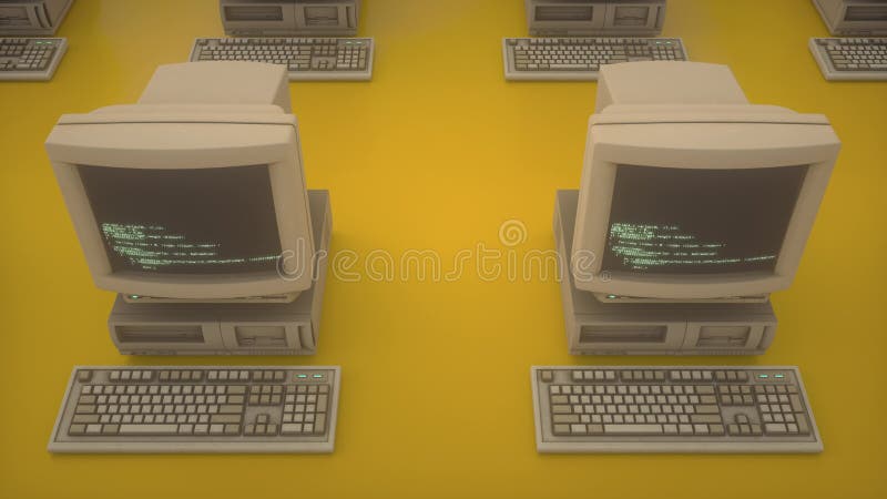 Retro Personal Computer or PC with Keyboard in Dynamic Motion. Abstract ...