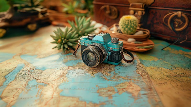 Retro Photo Camera on a Map in a Library, Preparing Trips Stock ...