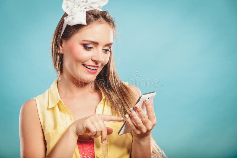 Retro pin up girl texting. stock photo. Image of wireless - 66052616