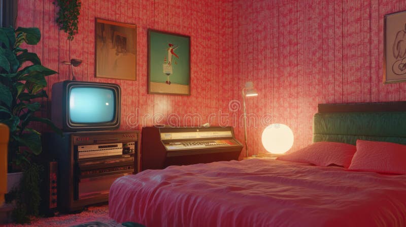 Retro Pink Bedroom Interior with Vintage Television Stock Illustration ...