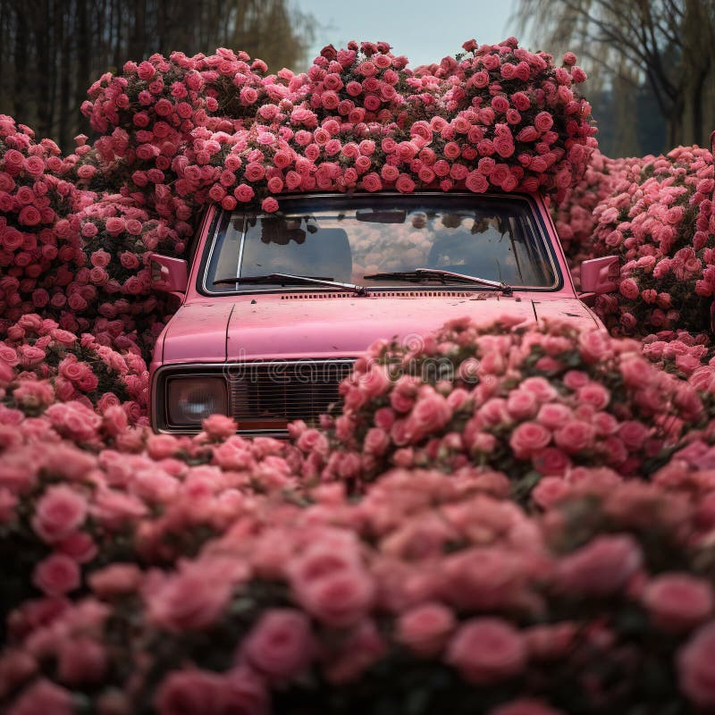Retro Pink Car with Pink Rose Flowers Inside and Outside, Decorative ...