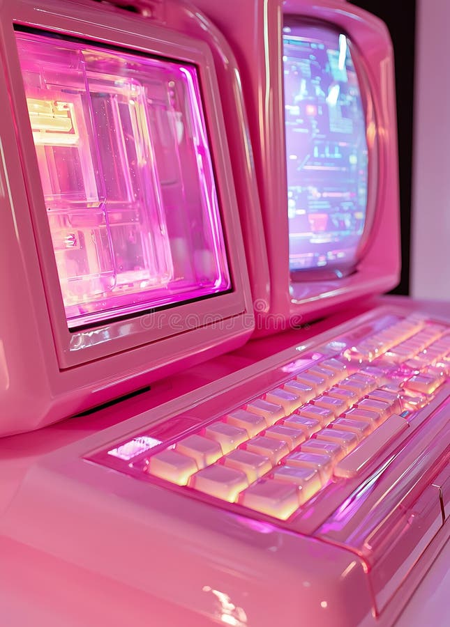 Retro Pink Computer Setup: a Glimmering Nostalgic Tech Aesthetic Stock ...