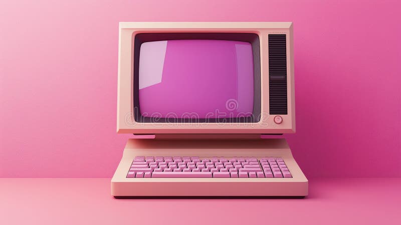 Retro Pink Computer with Vintage Screen and Keyboard in Minimalist ... Retro Pink Computer with Vintage Screen and Keyboard in Minimalist ...