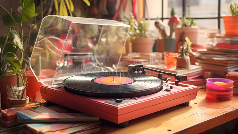 A Retro Pink Vinyl Record Player Stands on the Desktop. Nostalgia Trend ...
