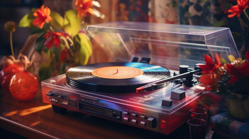 A Retro Pink Vinyl Record Player Stands on the Desktop. Nostalgia Trend ...