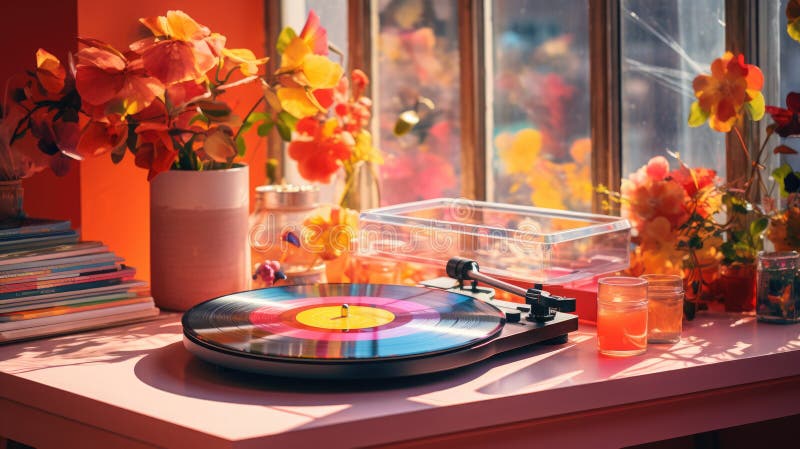 A Retro Pink Vinyl Record Player Stands on the Desktop. Nostalgia Trend ...