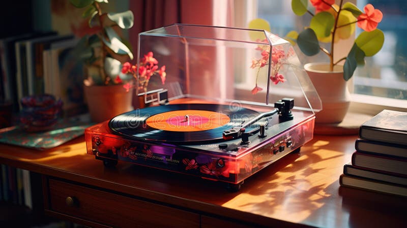 A Retro Pink Vinyl Record Player Stands on the Desktop. Nostalgia Trend ...