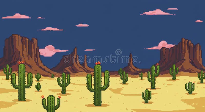 Retro Pixel Art Desert Landscape with Cacti and Pink Clouds Stock Image ...