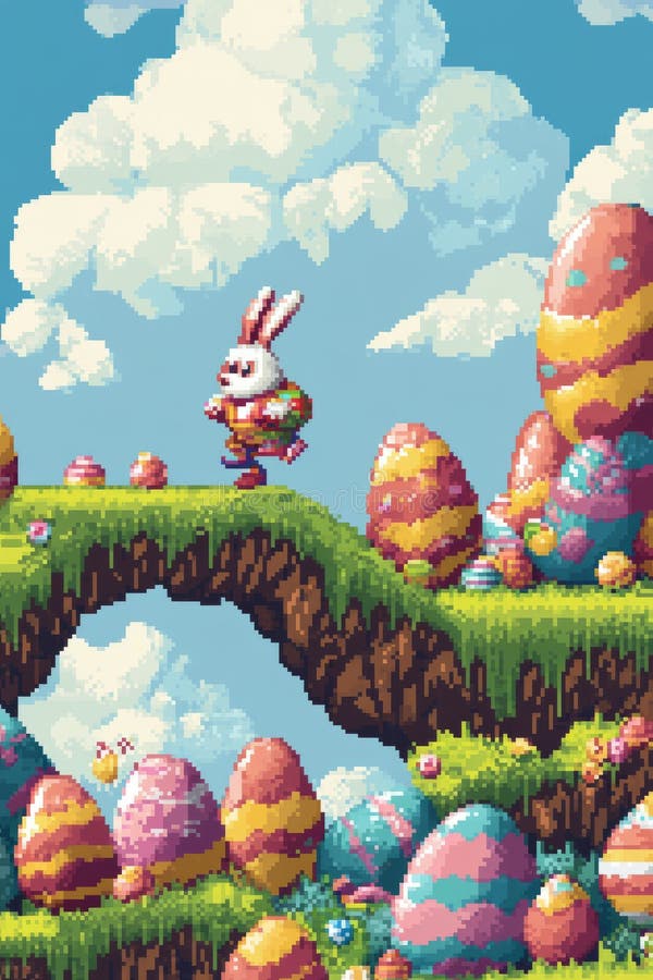 Retro Pixel Art Easter Bunny Inside 8 Bit Video Game Hopping Across ...