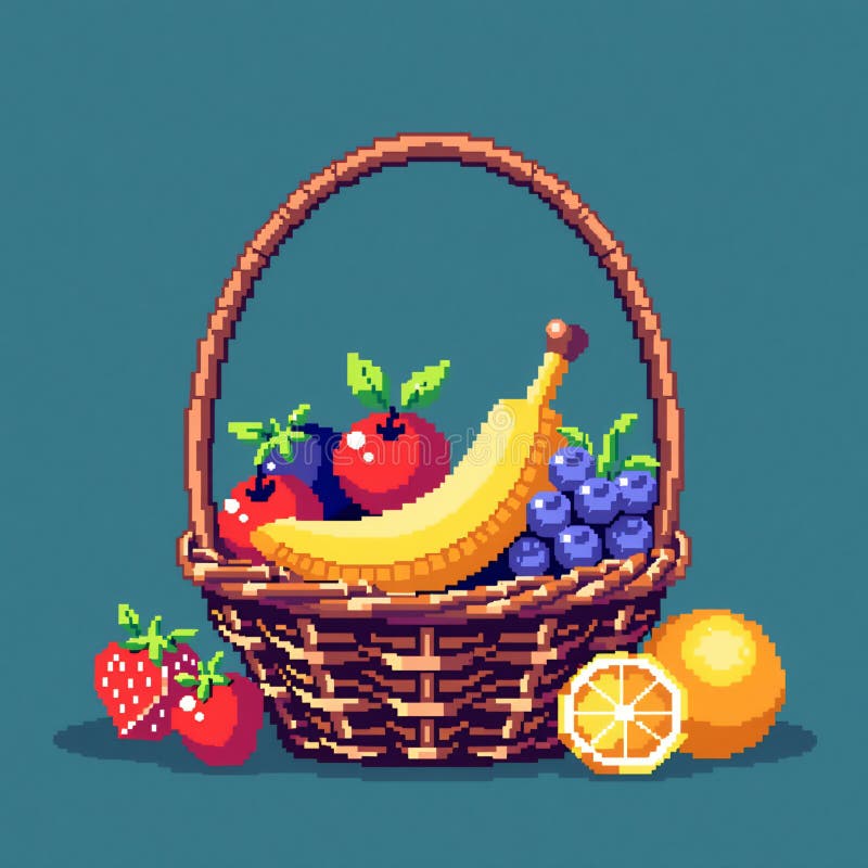 Retro Pixel Art of Fruit Basket Stock Illustration - Illustration of ...
