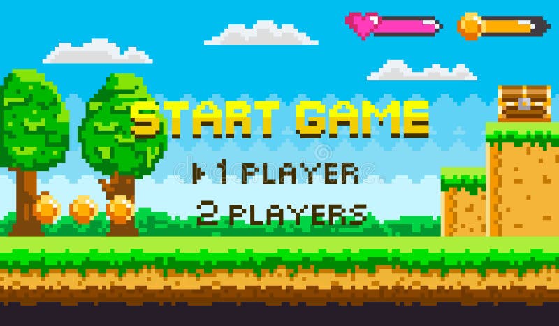 Retro Pixel Art Game Start Screen with Player Options and Treasure ...