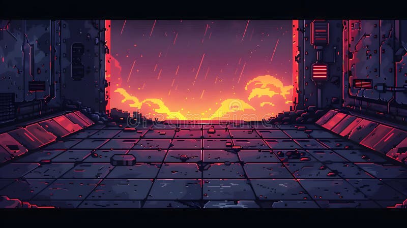 Retro Pixel Art Hallway with Sunset View and Glowing Elements for Sci ...