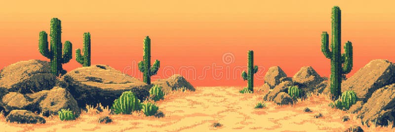 Retro Pixel Art Landscape with Cacti and Rocks at Sunset in Desert ...