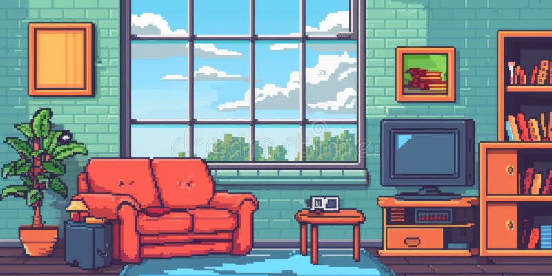 Retro Pixel Art Living Room Interior. Nostalgic Home Decor Stock Image ...