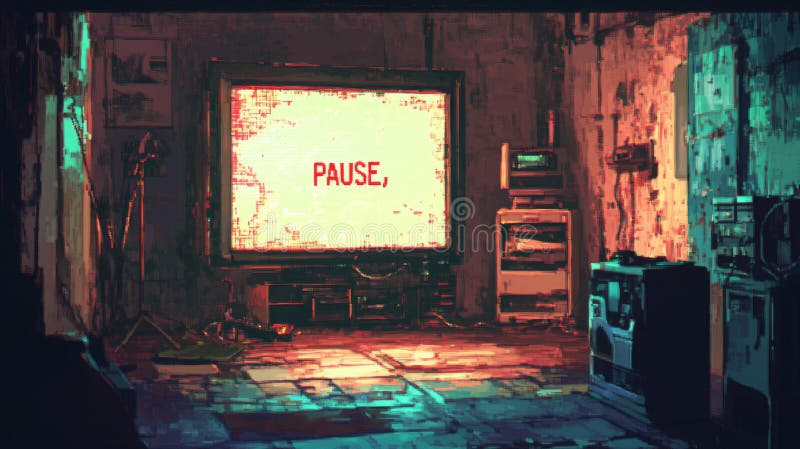 Retro Pixel Art Room with Pause Screen Stock Illustration ...